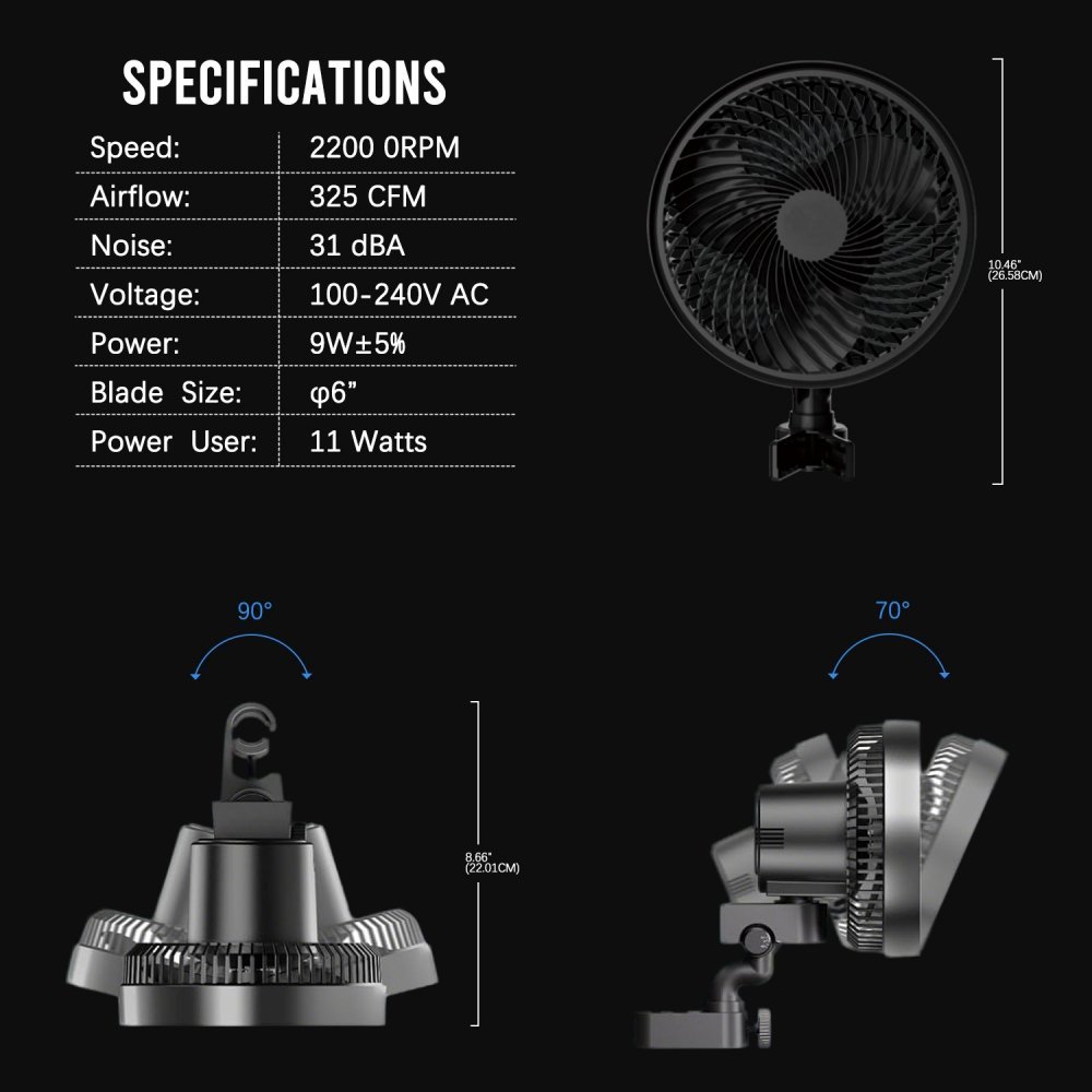 Grow Tent Clip Fan 6”, EC Motor, Smart Control, Powerful Oscillating ...